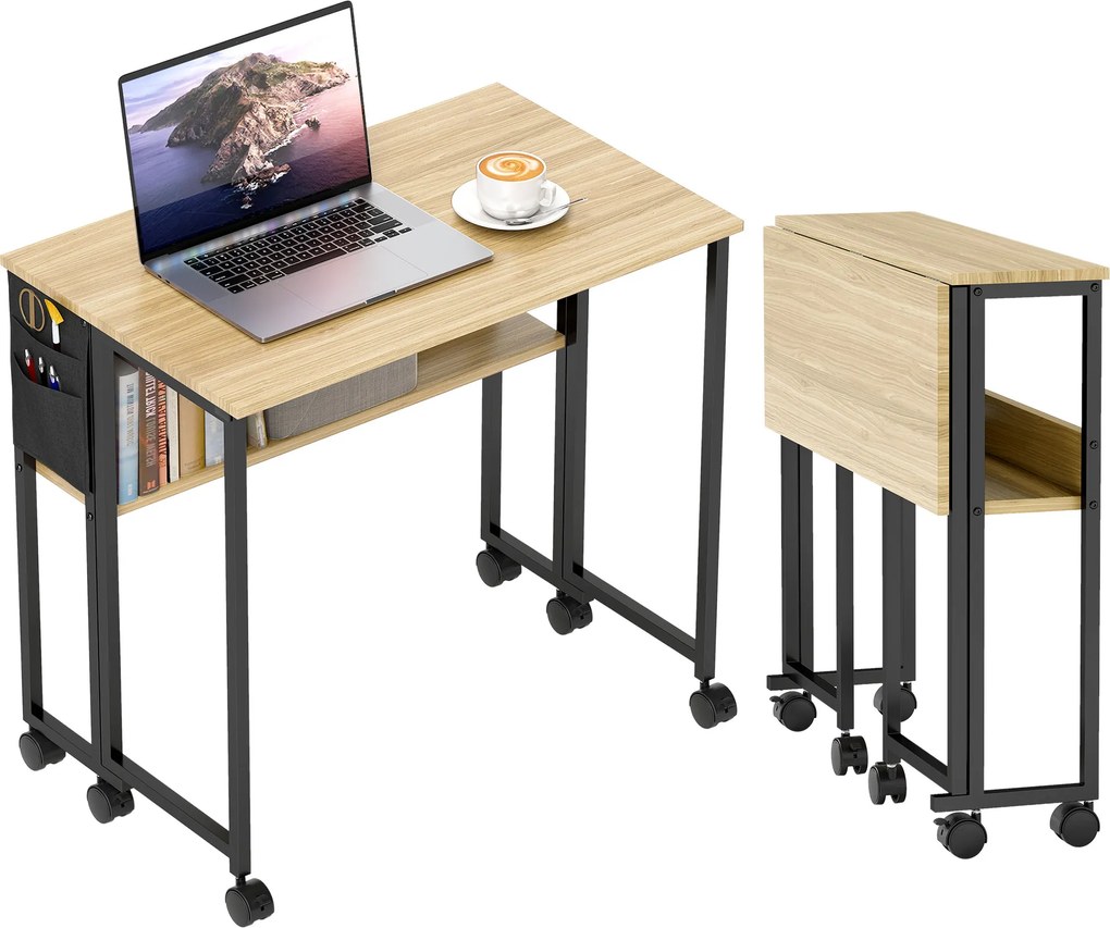 Skládací stůl HOMCOM na kolečkách, počítačový stůl 80 x 50 cm se policí a úložným vakem, studijní stůl pro domácí kancelář, ložnici, malé prostory, d…
