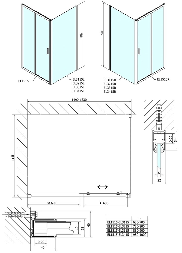Polysan, Easy Line obdélníková sprchová zástěna 1500x700mm L/P varianta, EL1515EL3115
