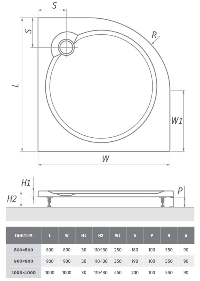 Roth TAHITI-M 800 čtvrtkruhová sprchová vanička 80 x 80 x 3 cm 8000064 litý mramor