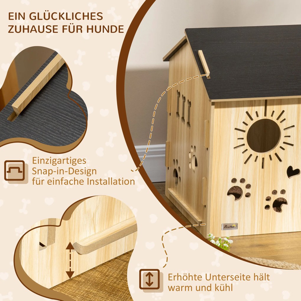 PawHut dřevěná bouda pro psy malý domek pro zvířata s větracími otvory 69 x 50 x 58,5 cm, psí bouda se střechou, vnitřní MDF dub černý