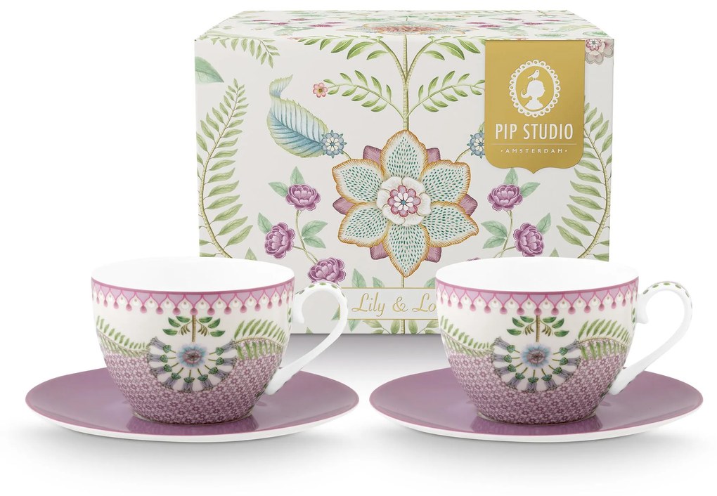 Pip Studio Lily & Lotus sada 2ks cappuccino šálků s podšálky 270ml, lila (sada 2 cappuccino šálků v dárkovém balení)