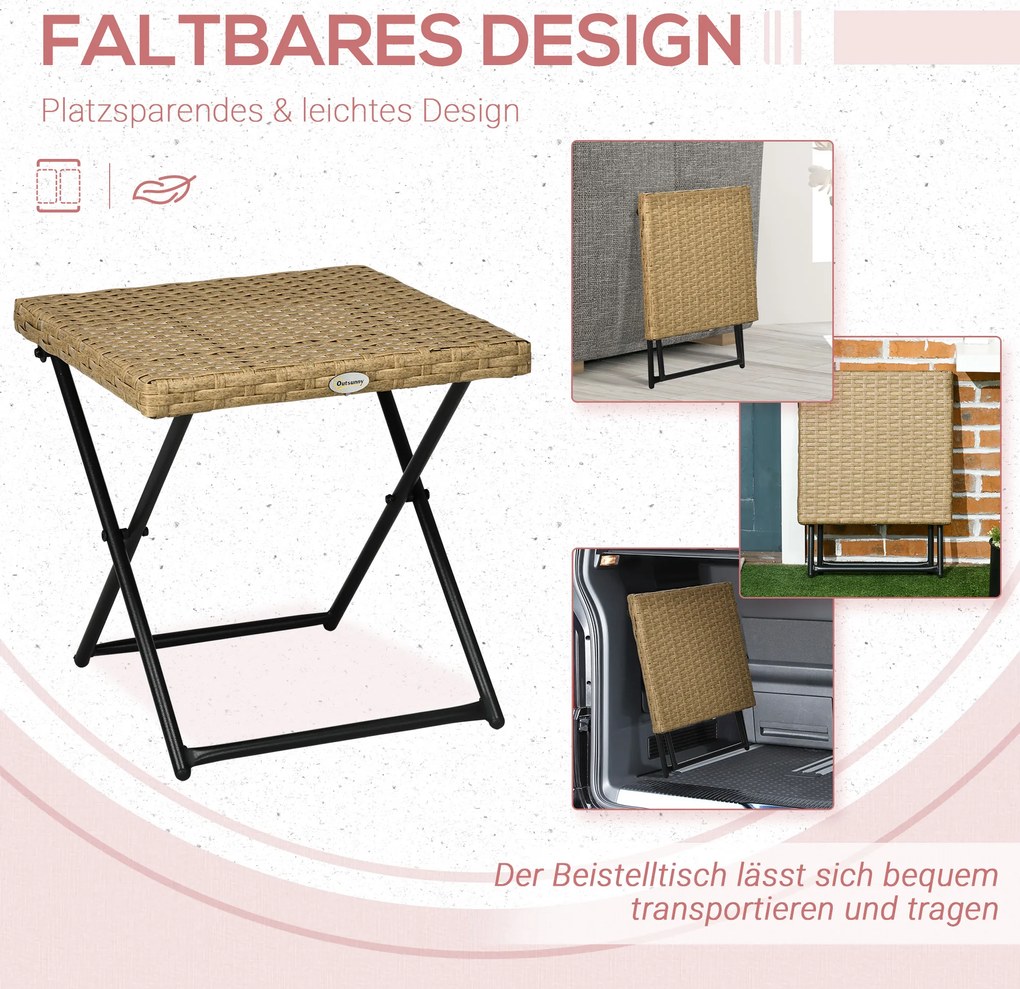 Outsunny boční stolek skládací polyratanový zahradní stolek 40x40x40cm přírodní kovový konferenční stolek balkonový stolek skládací stolek na terasu …