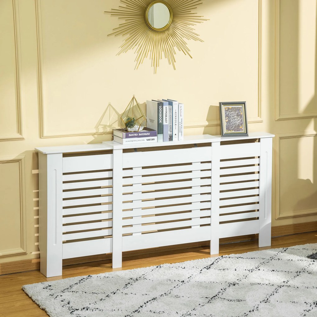 HOMCOM Nastavitelný kryt radiátoru s horní policí z MDF a dřeva, 140-202x19x82,5 cm, bílý