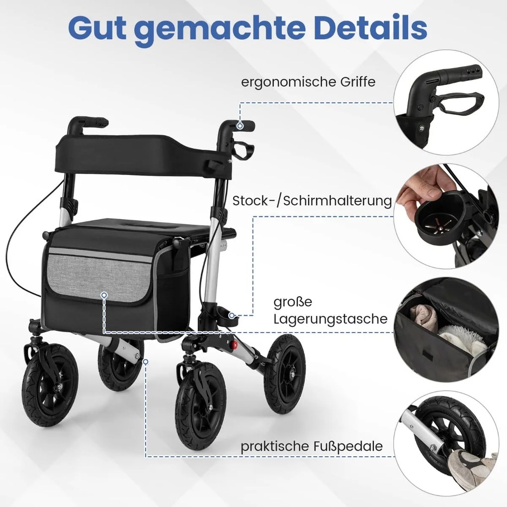 Costway Rollator s pneumatikami, skládací a lehký s hliníkovým – stříbro