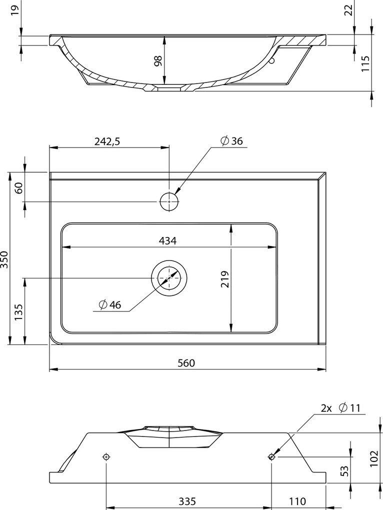 Sapho Arana AN056 umyvadlo 56 x 11 x 35 cm pravé