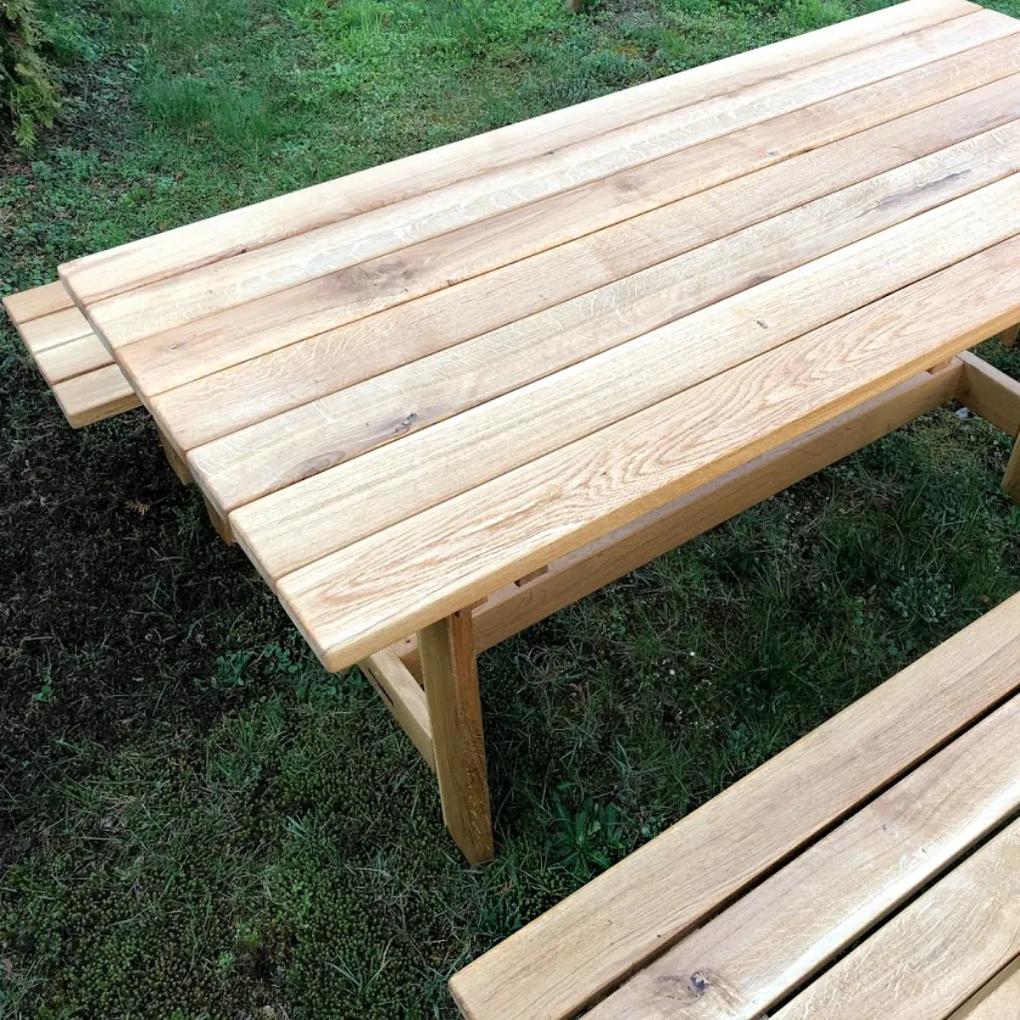 KULHÁNEK Zahradní dubová sestava - stůl, 1x lavice s opěradlem, 1x lavice bez opěradla, 1x židle (klasické provedení) Délka: 150 cm, Odstín nátěru: lazura - ořech