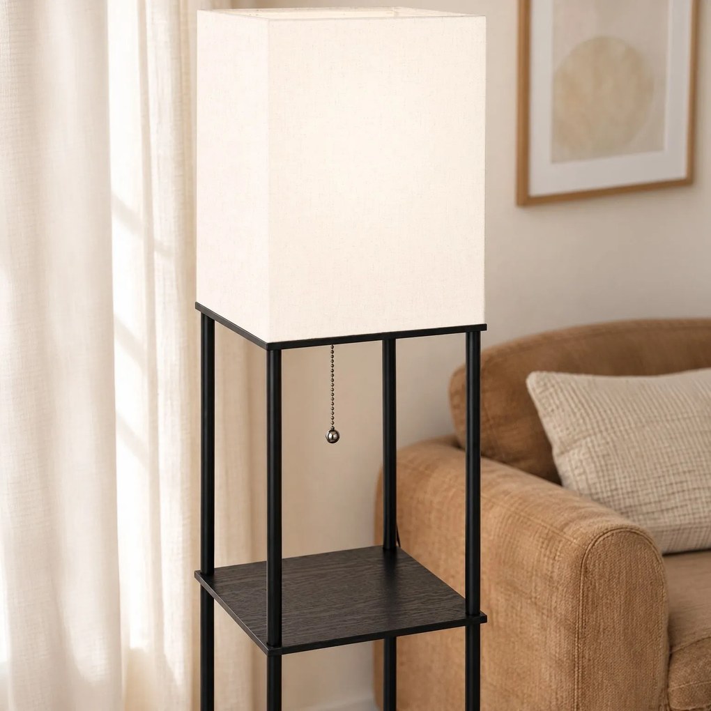 Toolight Toolight, JNH050-1F, stojací lampa s poličkami a jutovým stínítkem 157 cm, 1× E27, černá, 58349