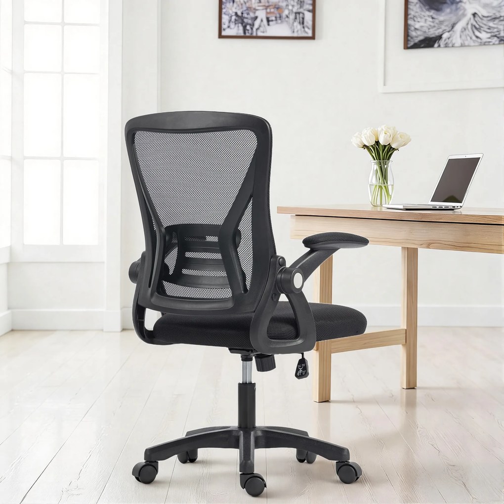 HOMCOM Ergonomická kancelářská židle, výškově nastavitelná židle s výklopnými područkami, bederní opěrka, černá