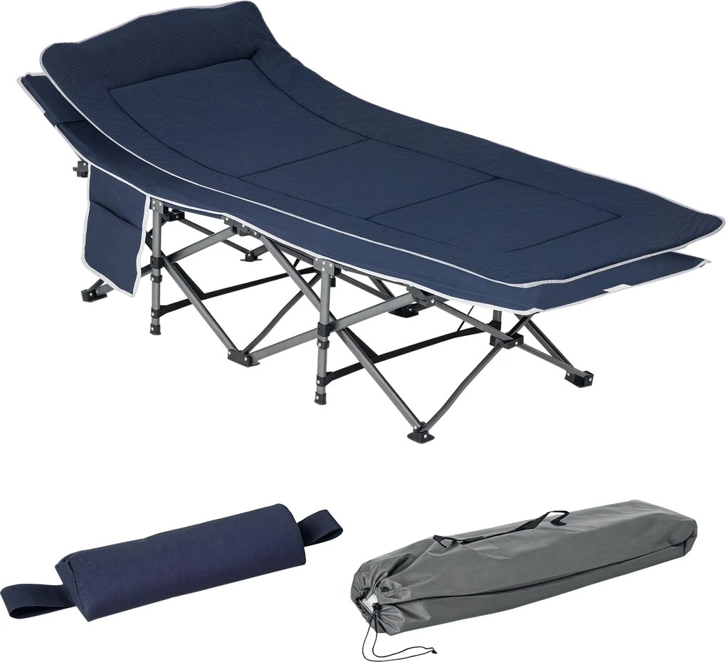 Skládací kempovací postel Outsunny s polštářem, bočními kapsami a matrací, maximální nosnost 150 kg, outdoor Oxford tmavě modrá 188 x 64,5 x 53 cm | A