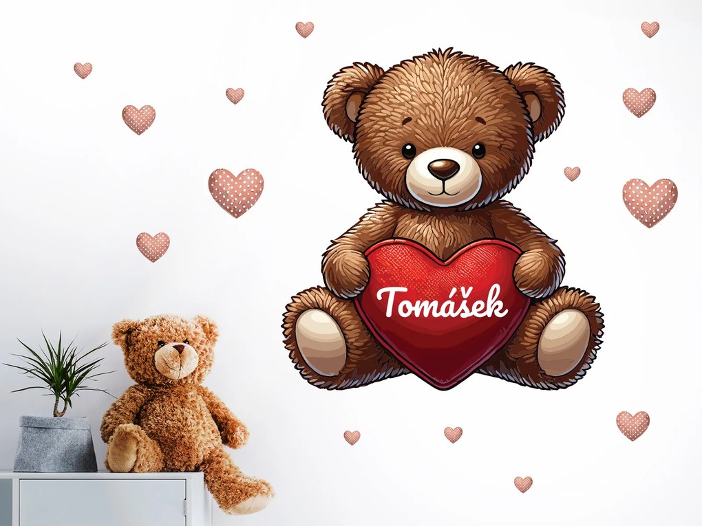 Medvídek se srdíčkem a jménem samolepky na zeď arch 71 x 75 cm