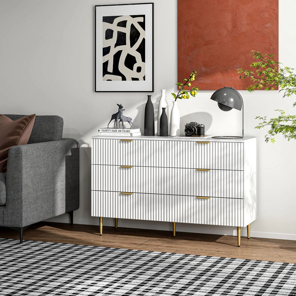 HOMCOM moderní komoda se 6 zásuvkami se zlatými úchyty, 120x40x76,5 cm, bílá