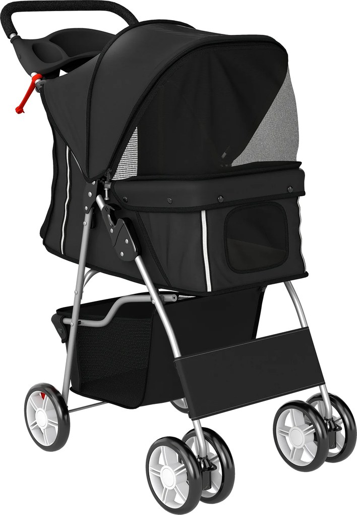 PawHut Skládací kočárek pro psy s reflexními pruhy Úložný koš Polštář pro malé psy do 10 kg 77x44x102 cm Černá barva