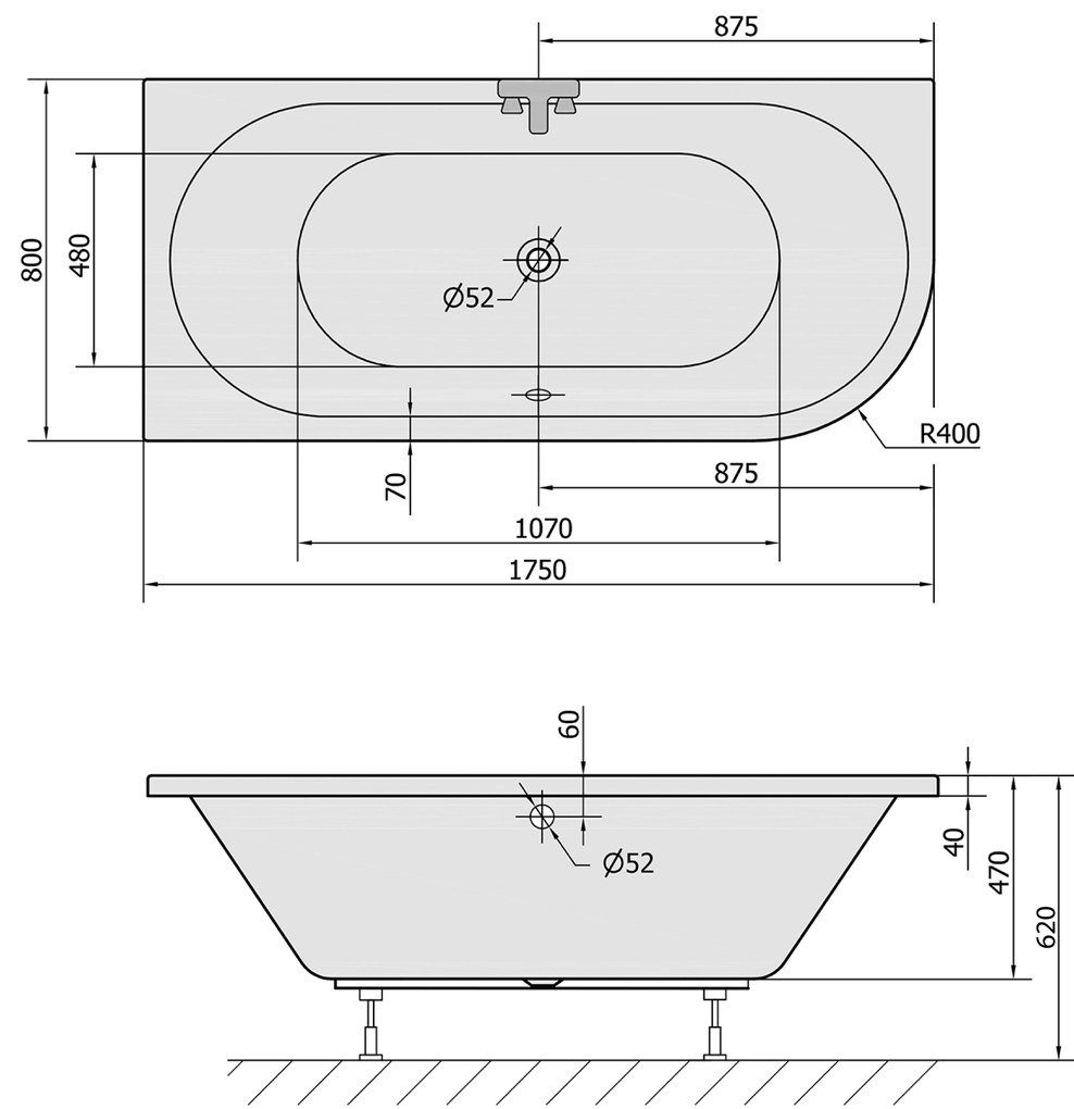 Polysan VIVA L asymetrická vana 175x80x47cm, bílá, 70119
