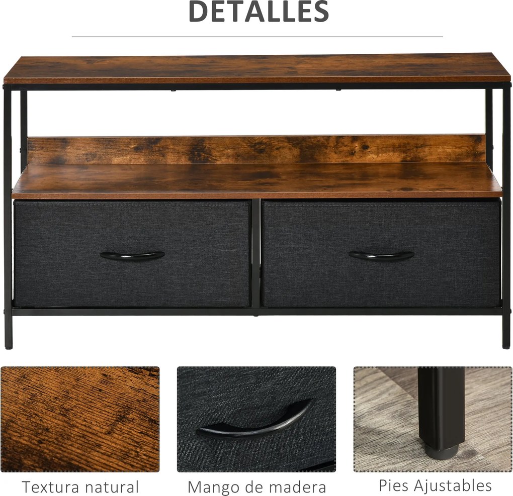 HOMCOM TV Stojan pro TV do 47" s industriálním stylem, s policí a 2 skládacími textilními šuplíky pro obývací pokoj nebo ložnici 98x29x56 cm v rustik…