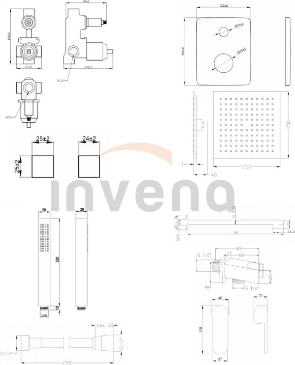 Invena Siros, podomítková sprchová sada s 2-výstupovým tělesem, černá matná, INV-BS-90-010-A