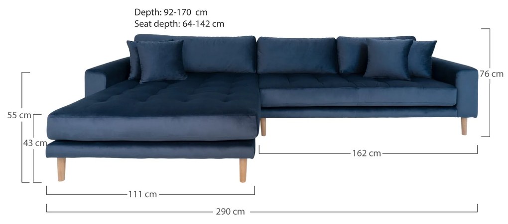 House Nordic Pohovka Lounge Sofa, levá strana, tmavě modrý samet, čtyři polštáře a nohy z přírodního dřeva, HN1005