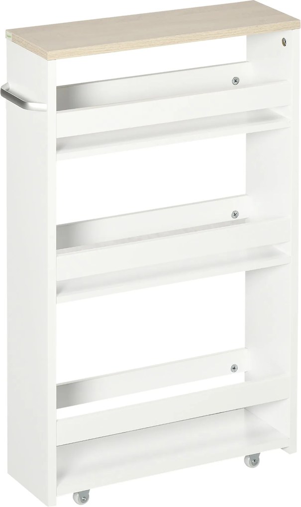 Kleankin 3-patrový úzký koupelnový regál se bočním madlem a kolečky pro kuchyň a obývací pokoj, moderní styl 48x15x80 cm Bílý