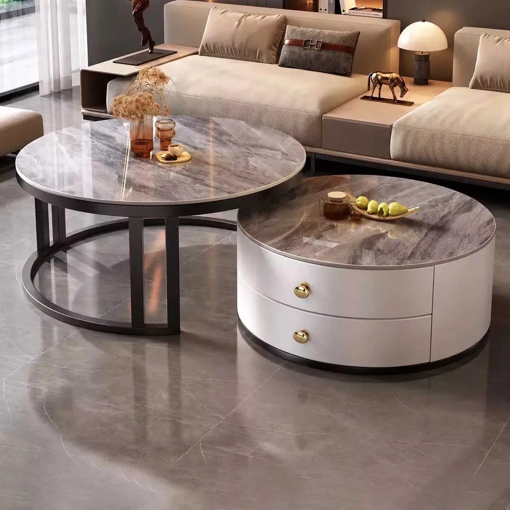 LuxuryForm DESIGN Konferenční stolek ORION 70 × 70 / 50 × 50 cm – bílý / šedý mramor (set 2 ks)