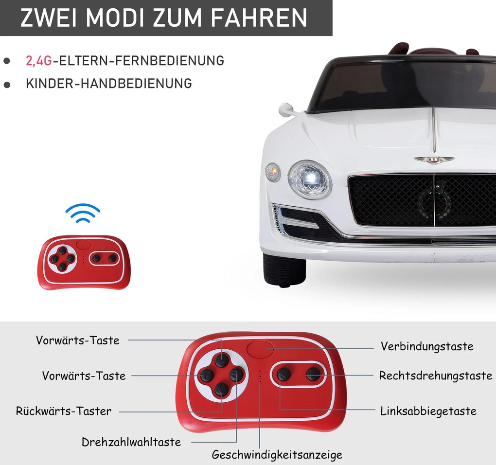 HOMCOM Dětské elektrické autíčko Bentley GT v licenci s dálkovým ovládáním, 2 x 390 motorů, bílé, 108 x 60 x 43 cm, pro děti | Aosom.de