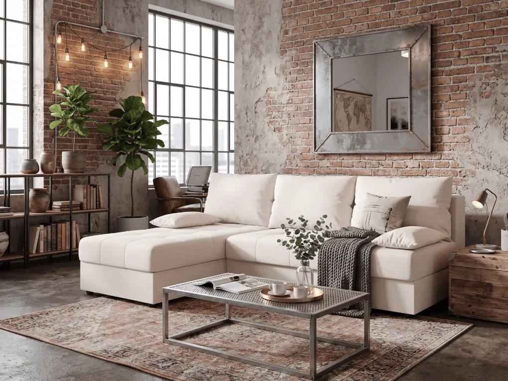 Rozkládací oboustranná sedací souprava do L VENORIA SLIM 200x143 cm, krémová + 2 polštářky ZDARMA