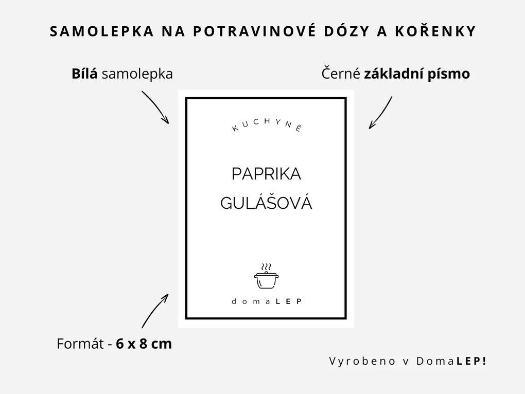 PAPRIKA GULÁŠOVÁ - omyvatelná samolepka na kořenky, výběr rozměrů Ø 5 cm / 5 x 5 cm / 6 x 8 cm | DomaLEP tvar: KOLEČKO, barva: BÍLÁ - ČERNÉ písmo, velikost: Ø 5 cm - základní písmo