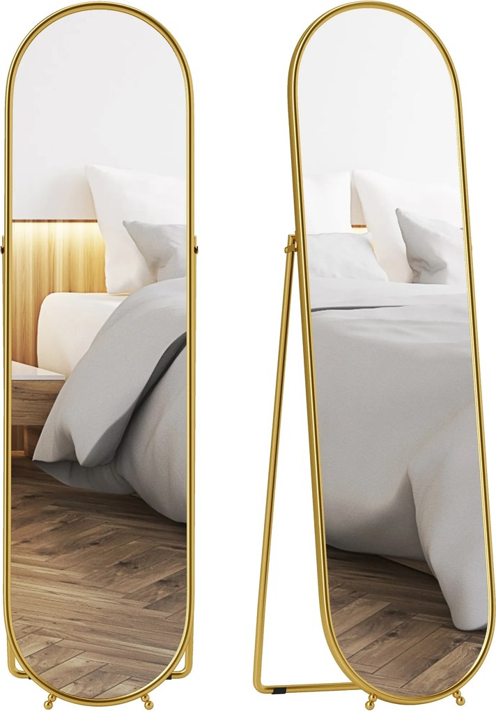HOMCOM oválné celoformátové volně stojící zrcadlo, 50 × 180 cm — nerozbitné sklo, kovový rám a stojan, zlaté — ložnice, obývací pokoj, předsíň | Aosom