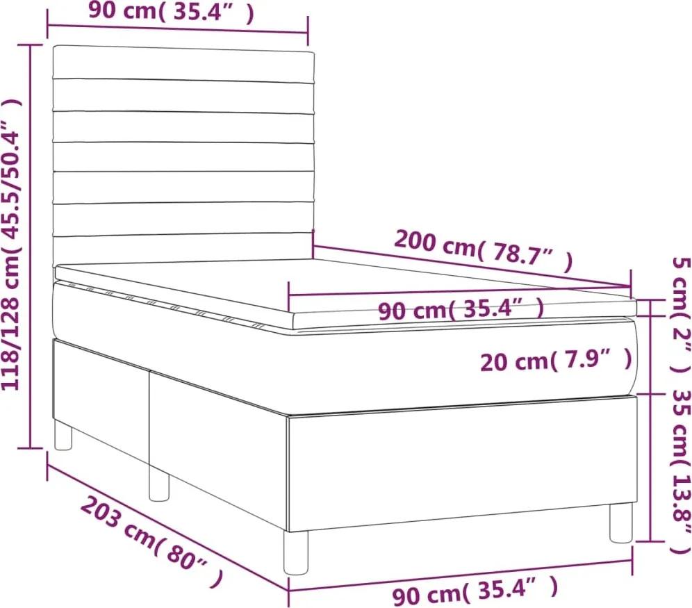 vidaXL Box spring postel s matrací a LED 90x200 cm samet [3136162] Barva: světle šedá