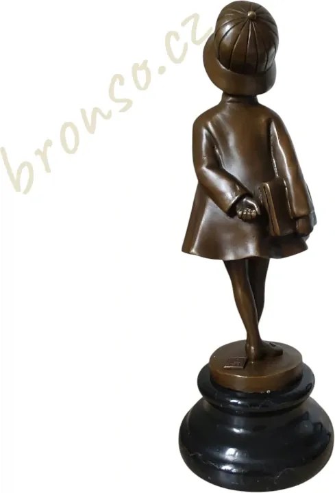 Socha studentky s aktovkou – bronz na mramorovém podstavci – Art Deco figurka – elegantní dekorace