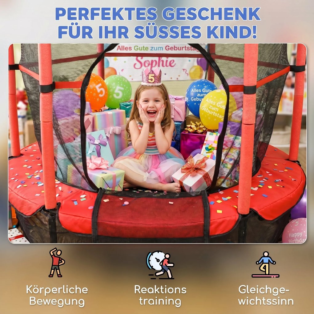 HOMCOM dětská trampolína Ø163 cm, trampolína s ochrannou sítí, kryt hran, zahradní trampolína pro děti 3-10 let, max. zatížení 50 kg, červená barva
