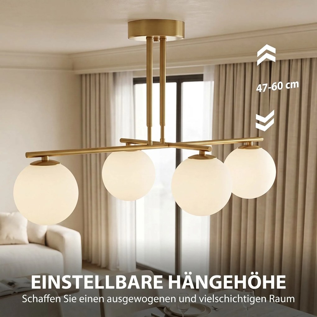 HOMCOM Moderní závěsná lampa se 4 kulatými stínidly, výškově nastavitelné a otočné o 350°, bílé