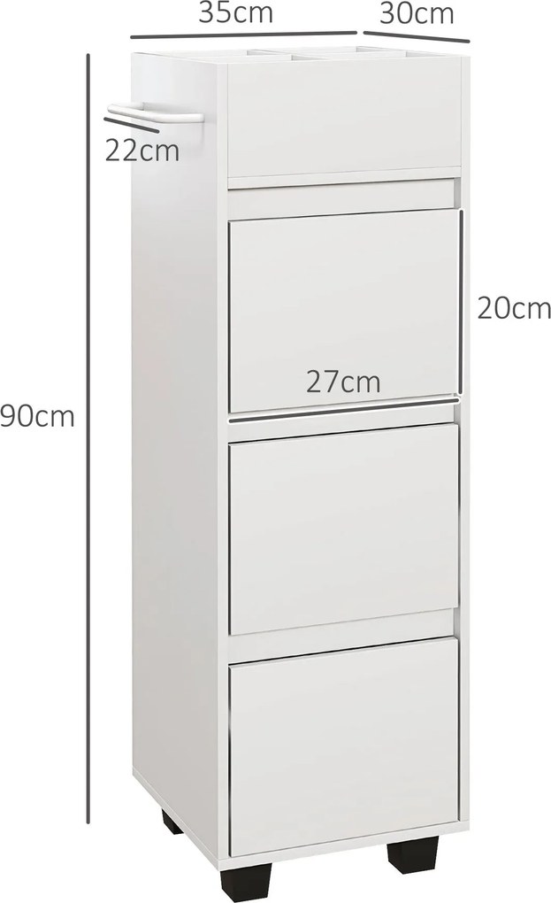 HOMCOM Koupelnová skříňka se skladovacím prostorem a 4 přihrádkami nahoře, 3 šuplíky a držákem na ručníky pro úzké prostory, 35 x 30 x 90cm, Bílá