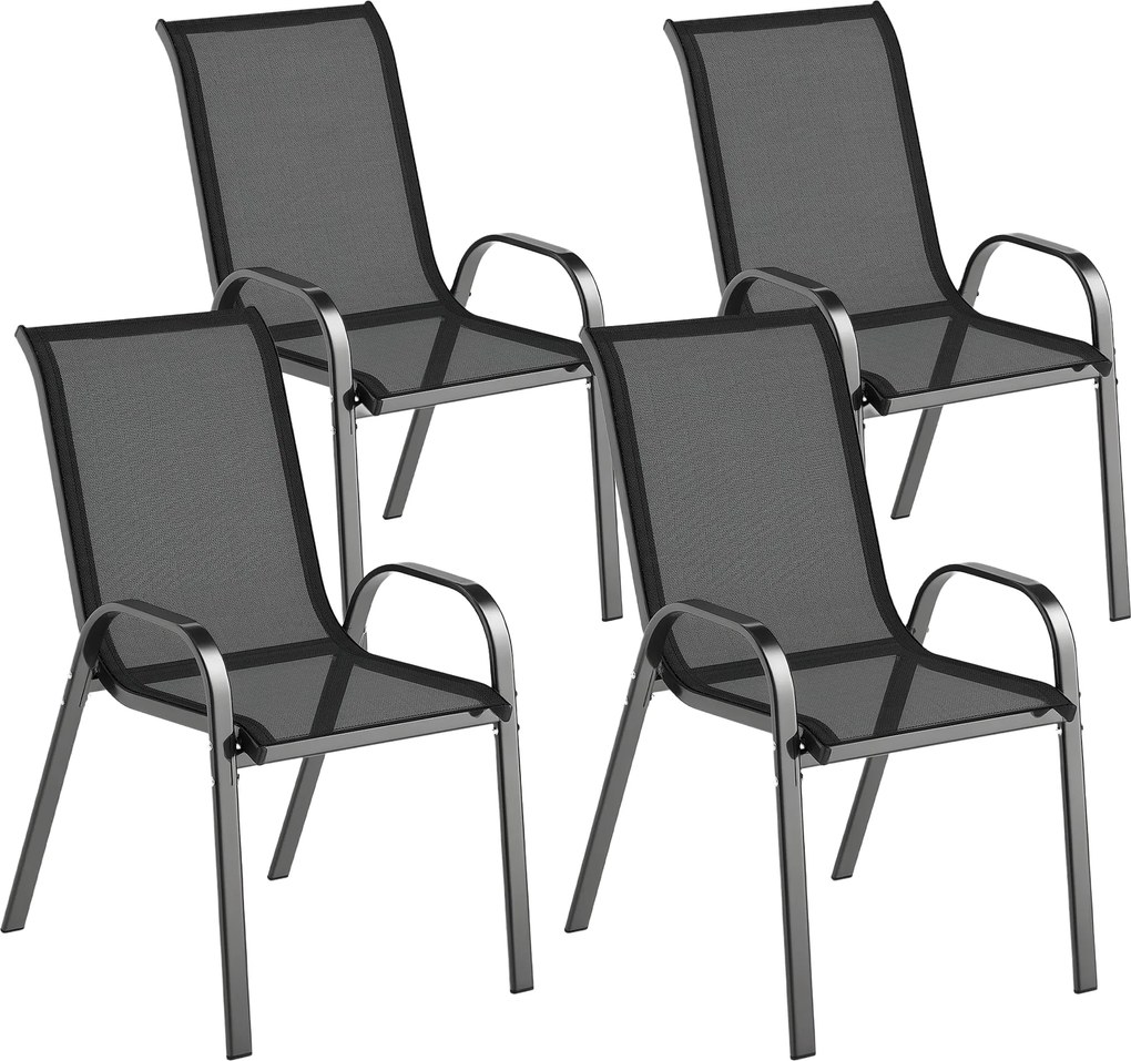 Outsunny Sada 4 Zahradních Židlí pro Exteriér Stohovatelné Terasové Židle s Prodyšnou Tkaninou Ocelový Rám Područky a Vysoké Opěradlo 54x71x93 cm Čern