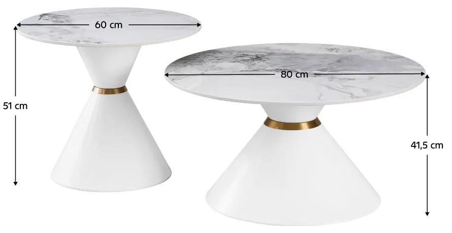 Konferenční stolky, set 2 ks, bílý mramor/bílá/zlatá, ocel, MABUZ