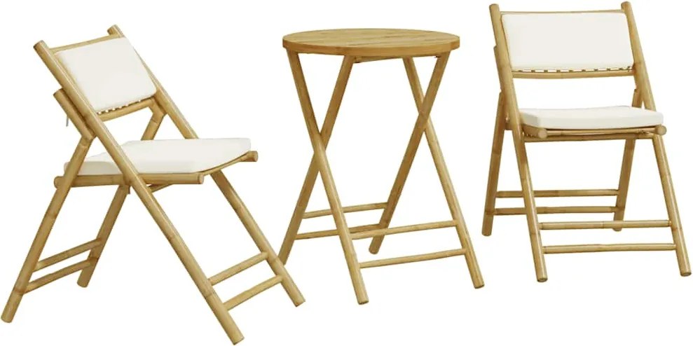 3dílný skládací bistro set s krémově bílými poduškami bambus 3208939