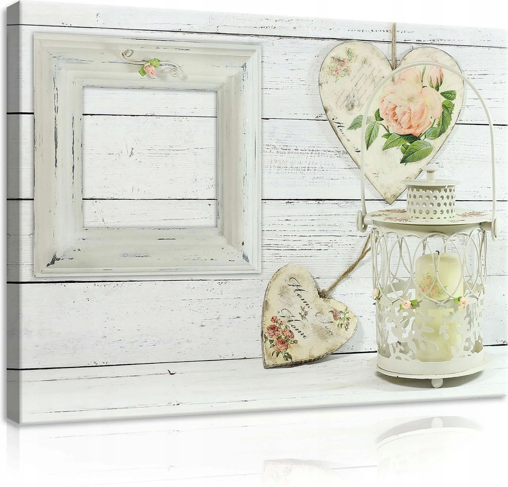 Obraz 100x75 Dvě srdce dekupáž růže lucerna svíčka dřevo romantismus