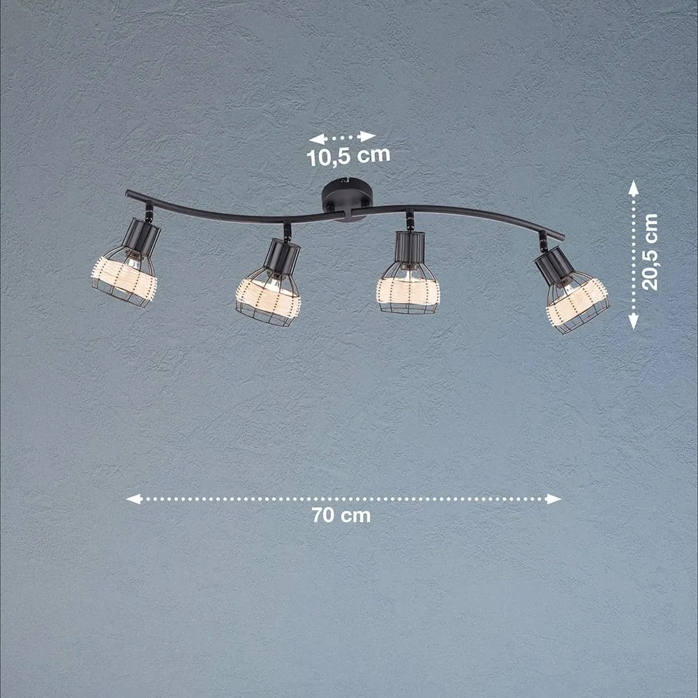 Černé stropní svítidlo s kovovo-ratanovým stínidlem 10,5x70 cm Straw – Fischer &amp; Honsel