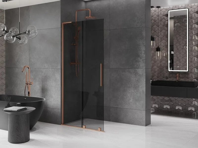 Mexen Velar L, posuvná sprchová zástěna Walk-in 110 x 200 cm, 8mm šedé sklo, měděná matná, 871-110-003-43-65