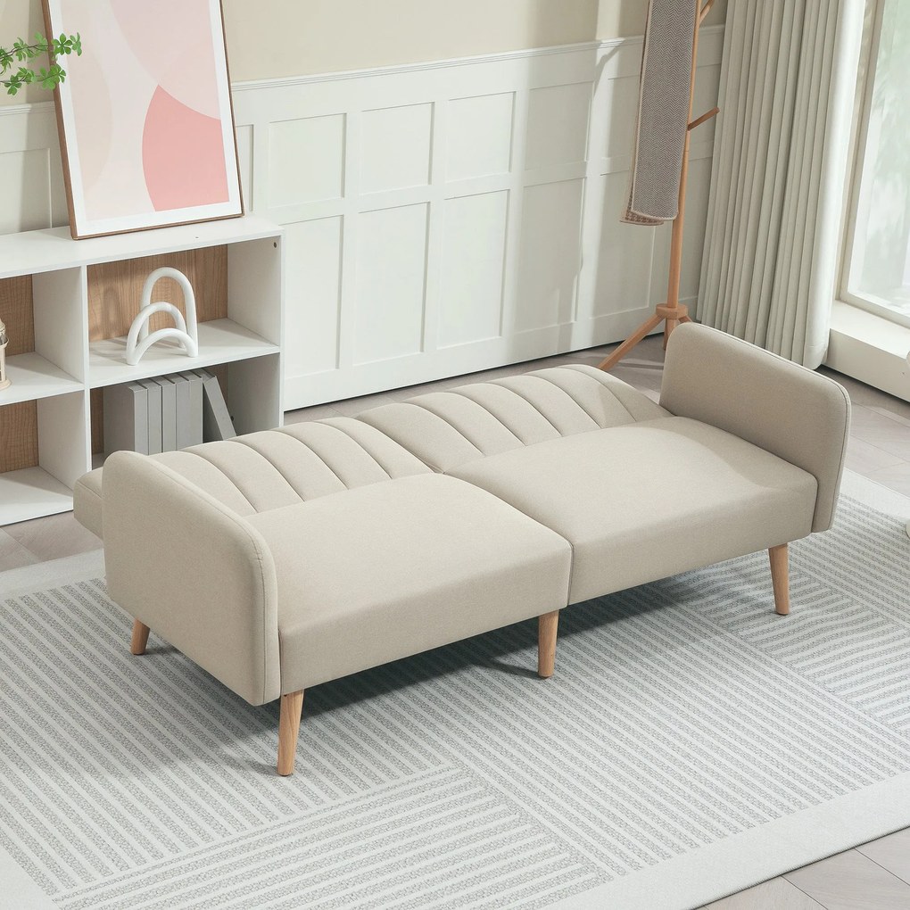 HOMCOM Šedý 2-místný rozkládací pohovka se skandinávským designem, sklápěcí opěradlo v 3 pozicích, dřevěné nohy, látkový vzhled v béžové barvě