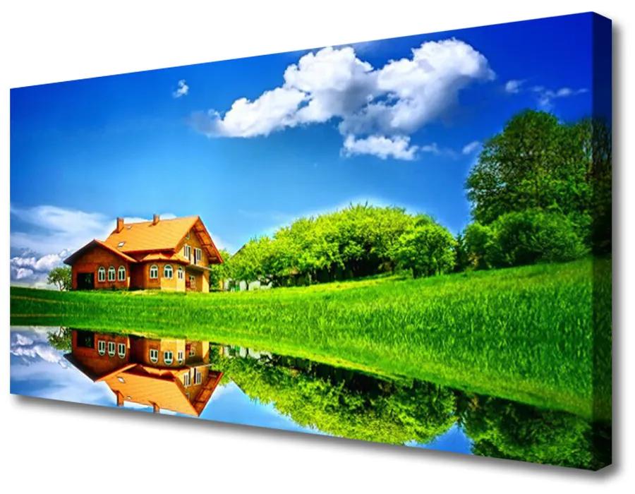 Obraz na plátně Dům Jezero Tráva Příroda 140x70 cm
