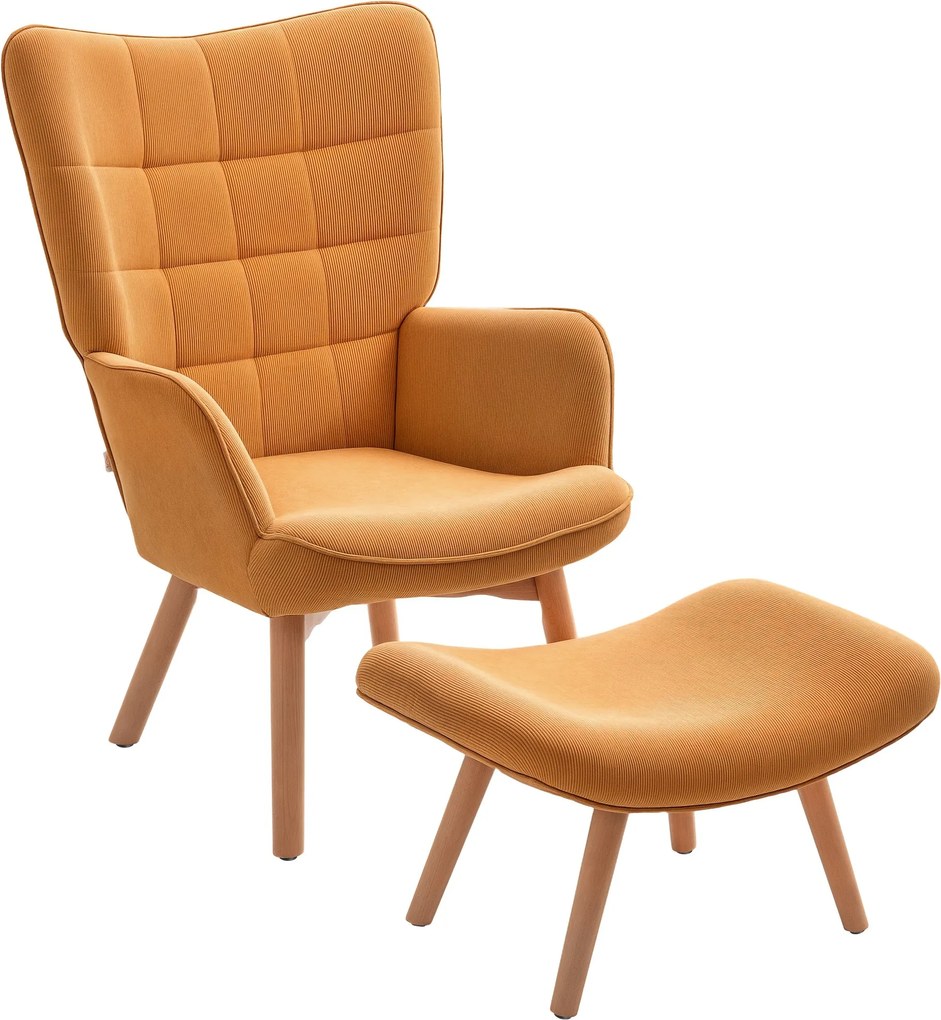 HOMCOM Křeslo s podnožkou, Vysoké křeslo s opěrkami, Dřevěné nohy, Lounge křeslo s prošívaným designem, Vzhled sametu, do obývacího pokoje, Hnědé | Ao