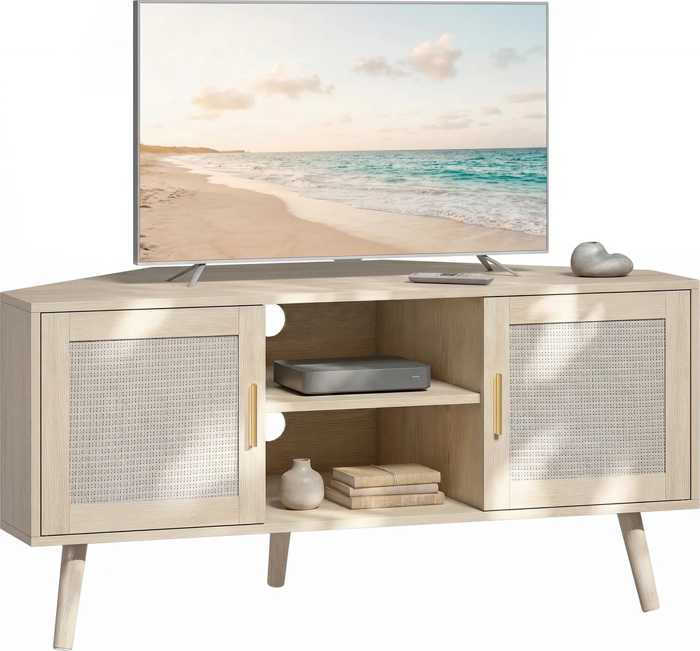 HOMCOM rohový televizní nábytek 115 cm, nábytek pod televizi pro televize až 65 palců, 2 ratanové dveře, 2 přihrádky, dub
