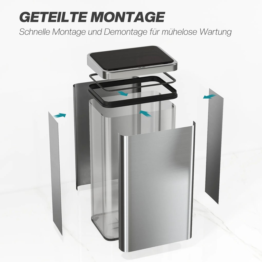 Senzorový odpadkový koš 50 l nerezová ocel Automatický odpadkový koš s víkem s měkkým zavíráním Senzor pohybu 35,5 x 26 x 67 cm Stříbrná barva