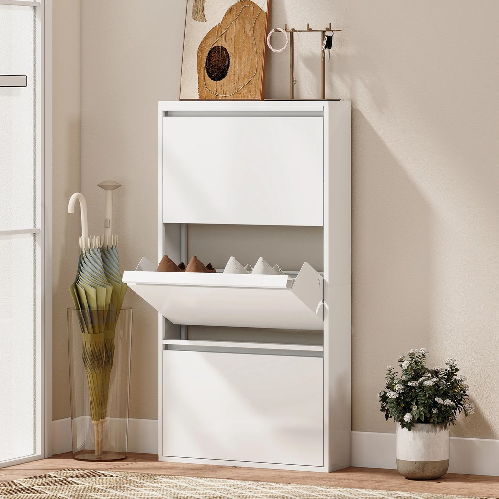 HOMCOM kovová skříňka na boty s 3 výklopnými přihrádkami — úzká nástěnná skříňka na 6 párů, 55 × 15 × 105,5 cm, bílá