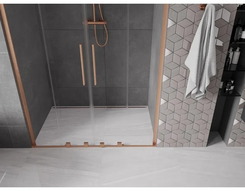 Mexen Velar L Duo, posuvné sprchové dveře do otvoru 140 cm, 8mm čiré sklo, měděná matná, 871-140-003-02-65