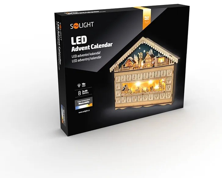 SOLIGHT LED adventní kalendář Horská chata, 10x LED, 50x40cm, 2x AA