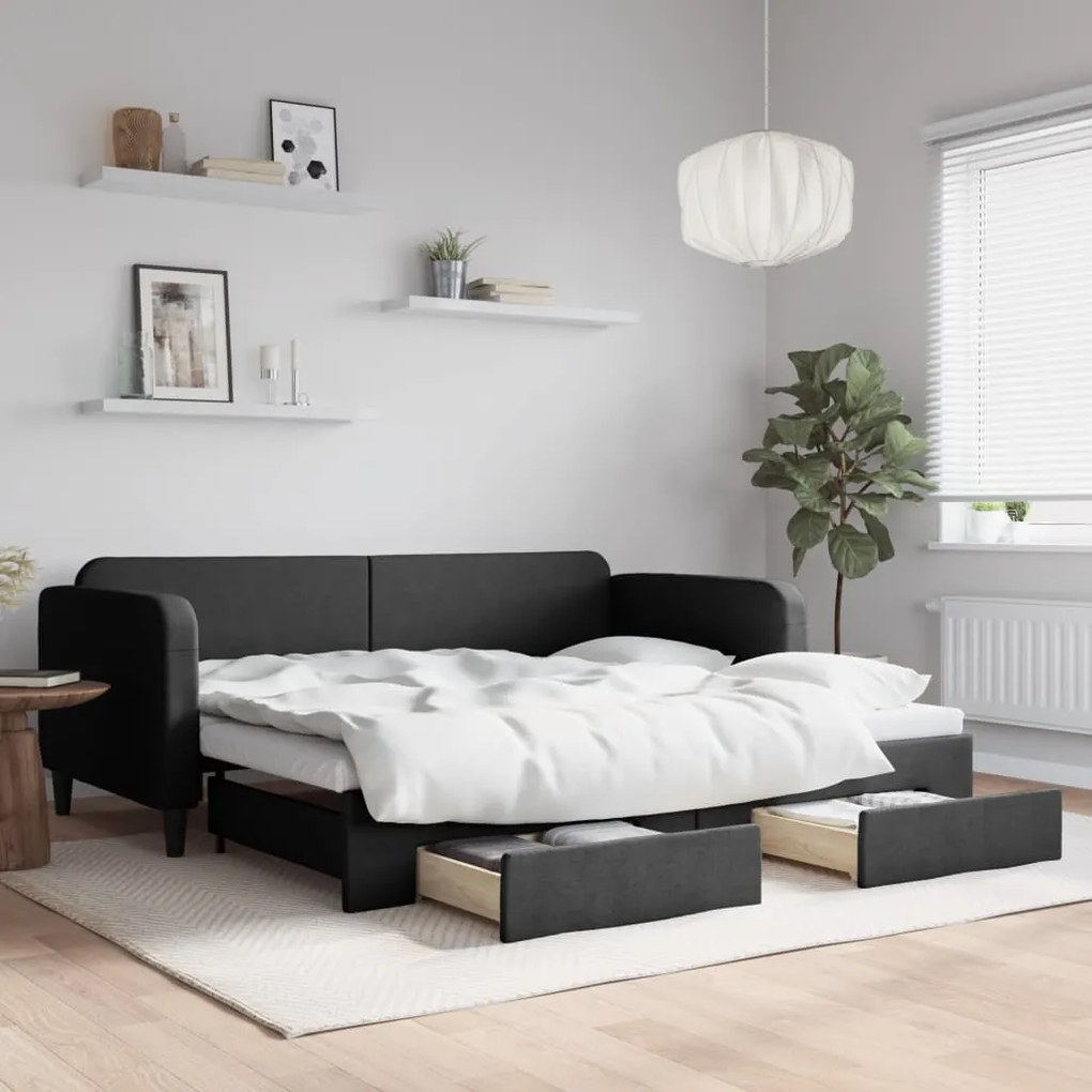 Válenda s přistýlkou a zásuvkami černá 90 x 200 cm textil 3196854