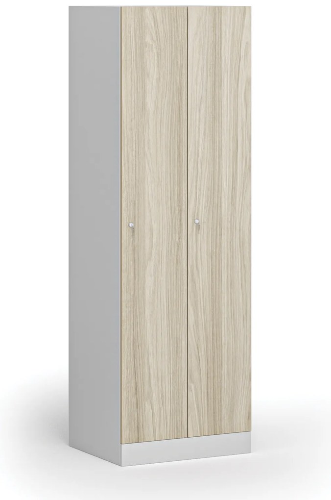 Kovová šatní skříňka S1, 2 oddíly, 1850 x 600 x 500 mm, cylindrický zámek, laminované dveře, dub přírodní