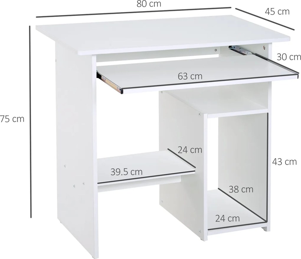 HOMCOM Úsporný stůl pro domov a kancelář, moderní počítačový stůl, držák CPU, dřevěná klávesnicová police, 80x45x75cm, bílý