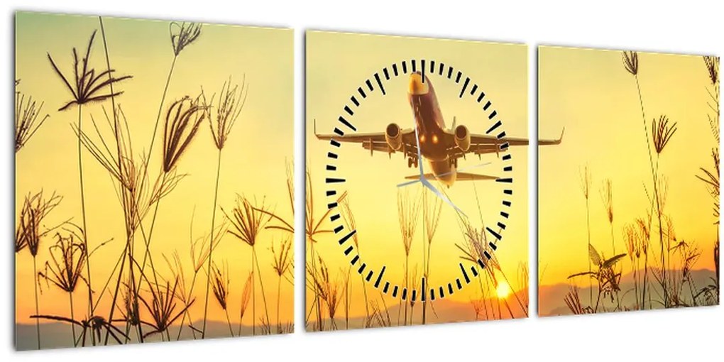 Obraz vzlétajícího letadla (s hodinami) (90x30 cm)