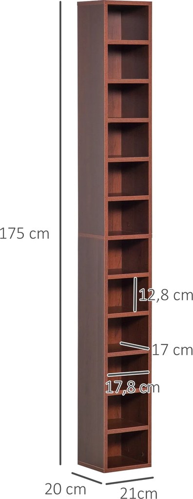HOMCOM Stojan na CD a DVD, sloupcová police, úložná jednotka s 12 přihrádkami, max. kapacita 204 CD, 21 x 20 x 175 cm, hnědá
